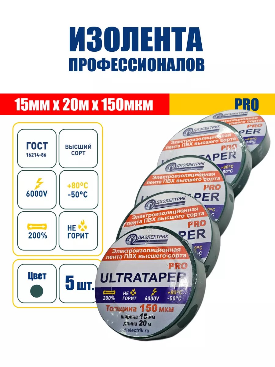 Изолента ПВХ PRO толщина 0.15мм, ширина 15мм, длина 20м, зеленая, количество 5 штук