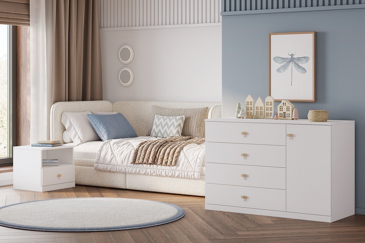 Детская стенка МебельЛэнд24 Стрекоза - 4 МДФ Белый 165x52x80 с тумбой с комодом