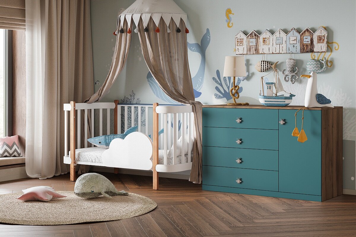 Комод МебельЛэнд24 Скарабей - 2 МДФ Аквамарин 120x52x80 синий однодверный с 4 ящиками