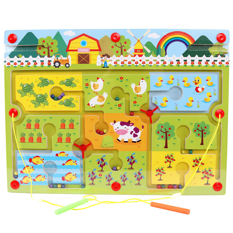 Деревянная магнитная головоломка для детей: тема Ферма с животными, обучающая игра с шариками