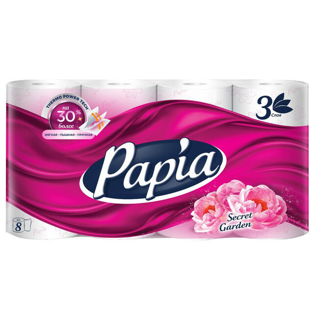 PAPIA Secret Garden туалетная бумага 8 шт в уп. 3 слоя, 140 листов, парфюмированная белая