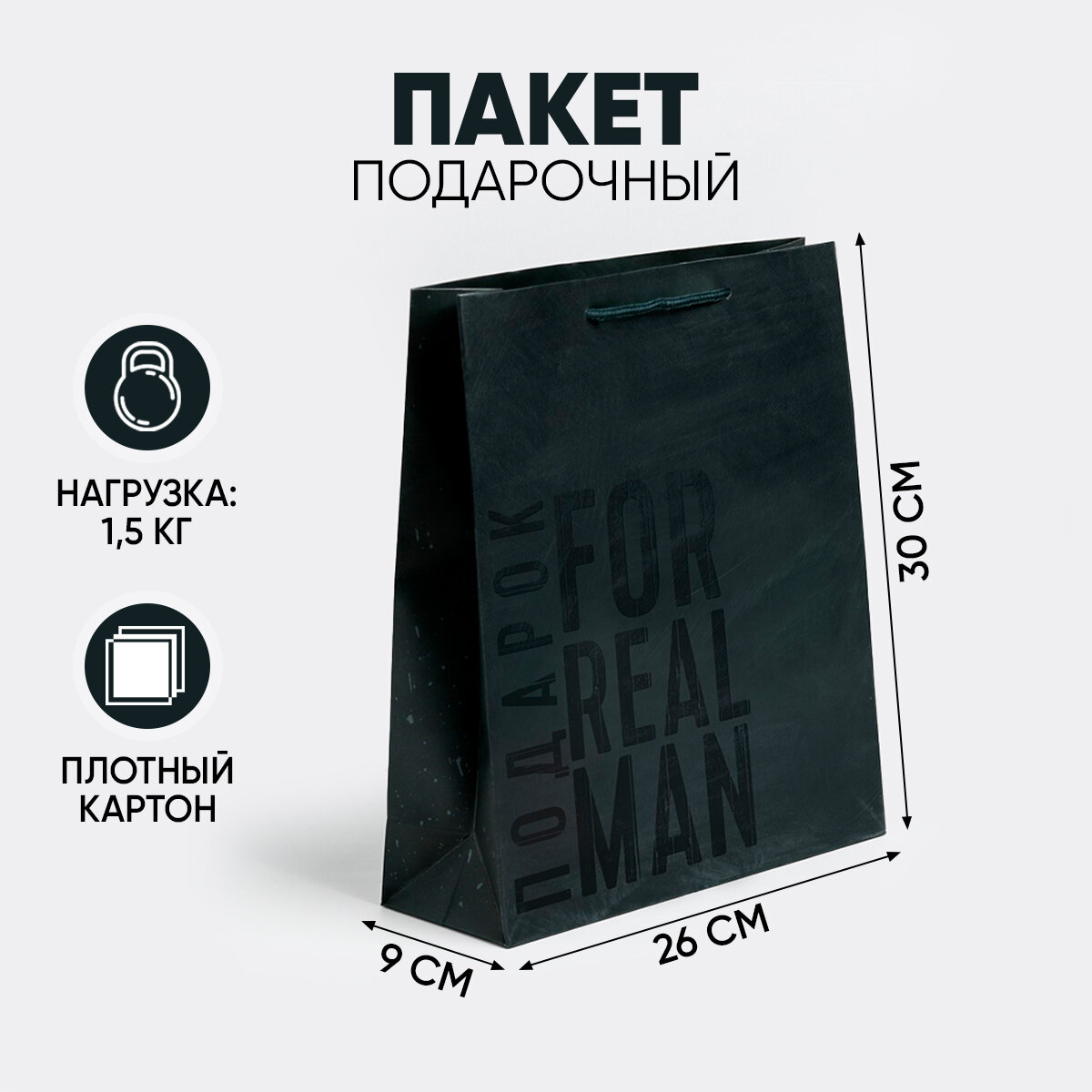 Пакет подарочный, «Мужская воля», M 25.5 х 30 х 9 см, черный, матовый, для упаковки подарка