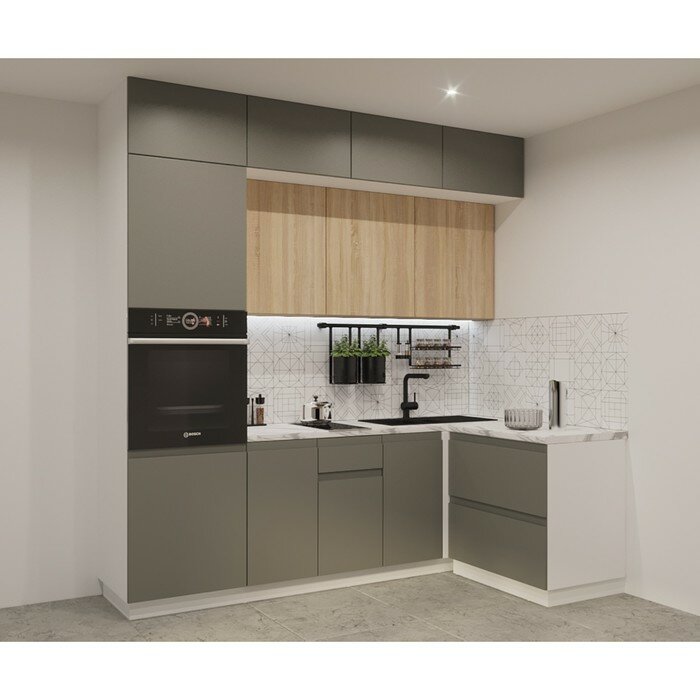 Кухонный гарнитур угловой трёхуровневый в потолок «Лайн 18», 2400×1400 мм, цвет белый/обсидиан/дуб сонома/мрамор белый