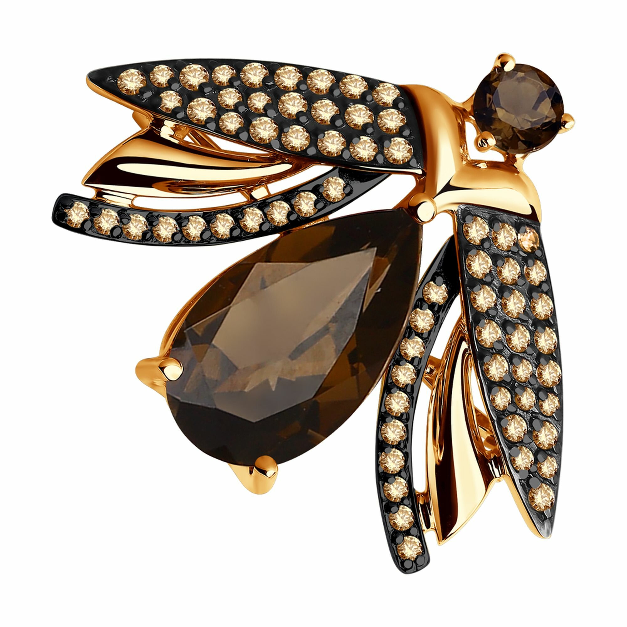 Брошь, красное золото, 585 проба, фианит, раухтопаз