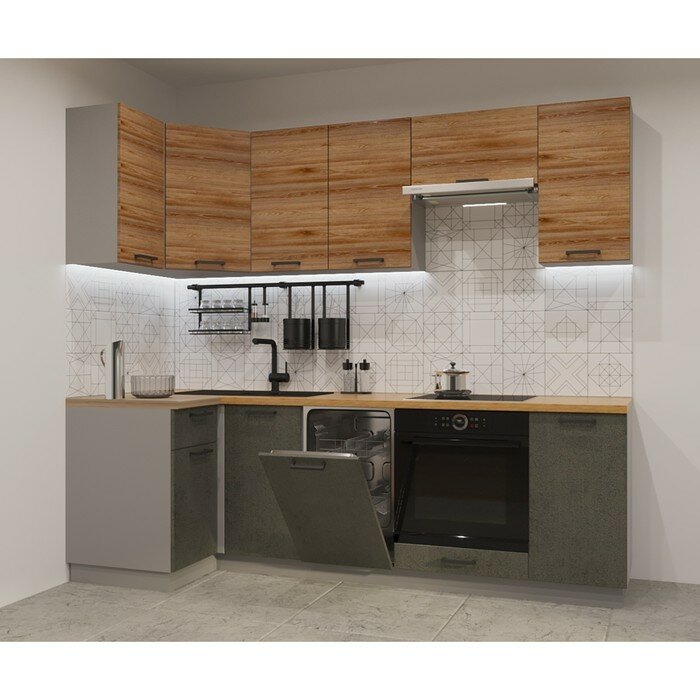 Кухонный гарнитур угловой «Роял Вуд. Лофт», 1000×2450 мм, цвет бетон тёмный/рустик натуральный