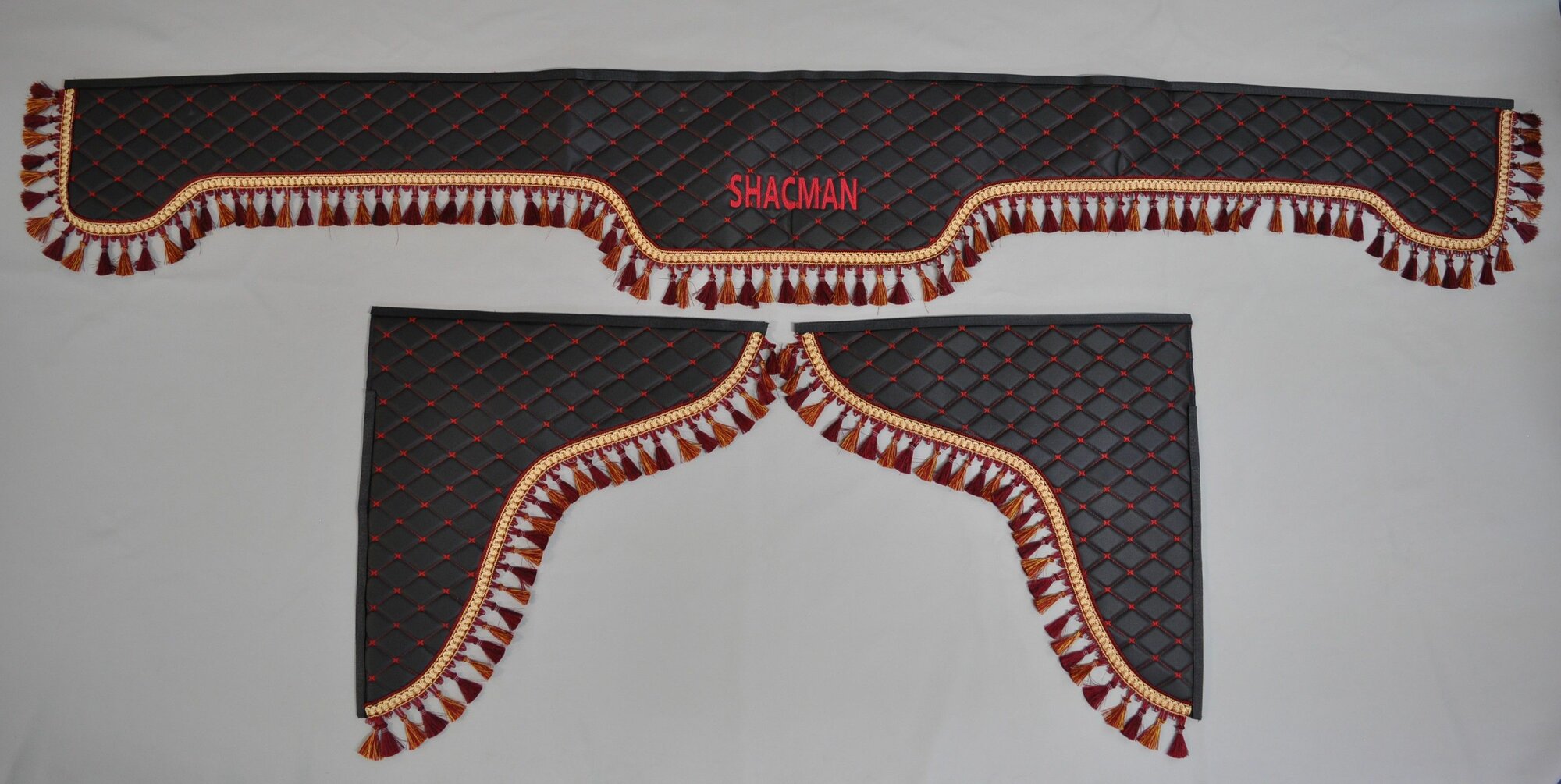 Ламбрекены для автомобилей SHACMAN. С бахромой, вышивка. Красный ромб