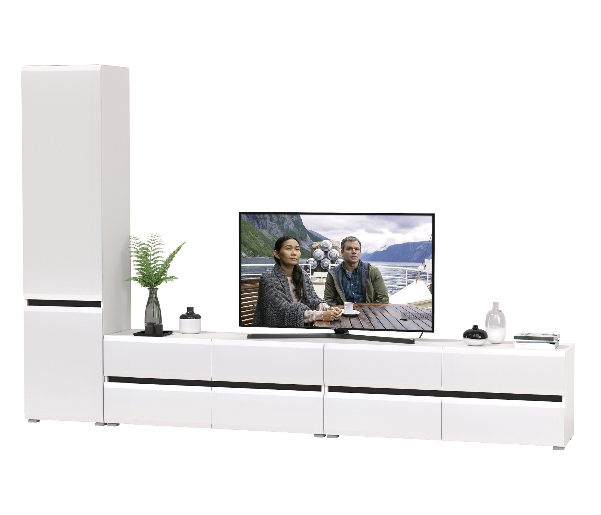 Стенка для гостиной модульная Моби Сидней № 127, цвет белый/чёрный/МДФ белый глянец, 309,8х41,3х205,2 см.