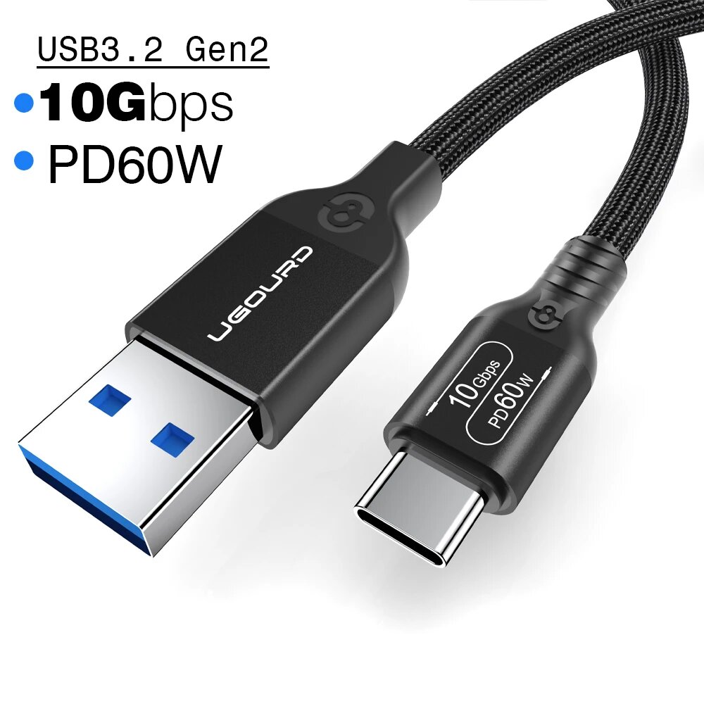 USB3.2 USB3.1 Gen2 Кабель 10 Гбит/с Кабель USB-A к USB типа C 3A 60 Вт Шнур для быстрой зарядки 10G передачи данных USB-C для жесткого диска SSD 0,5 м, USB3.2 10G 60W Black