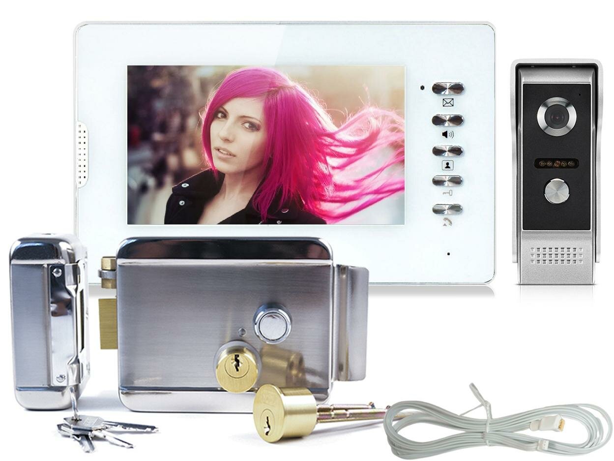 Комплект видеодомофон и электромеханический замок: ЕП-7300-W + Anxing Lock-AX 042 (домофон и замок для калитки в загородный дом)