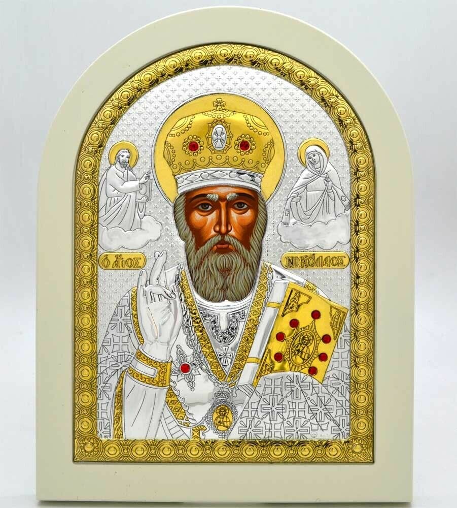 Николай Чудотворец (Угодник). Икона в серебряном окладе. (10 х 14 см / На светлом основании, со стразами и позолотой)