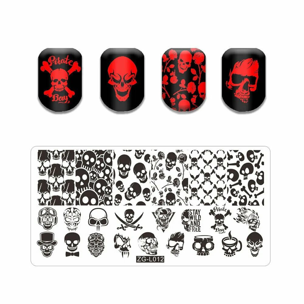 Пластина для стемпинга ногтей ZG-L012, Halloween, черепа