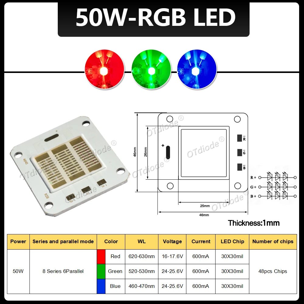 RGB LED 50W OTdiode, 10-50В, 620-630nm, 48 чипов