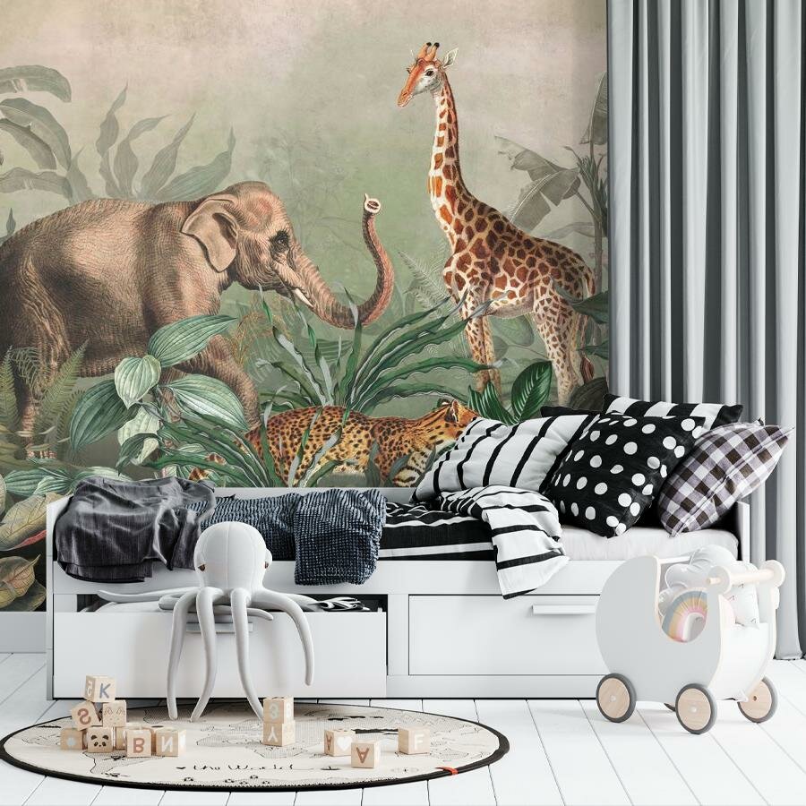 Фотообои Жираф и слоник 12-1819-S-Холст 270 x 200 см (ВхШ) Бесшовные, флизелиновые, влагостойкие обои