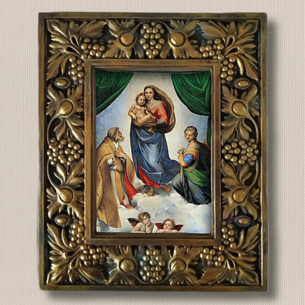 Картина "Сикстинская Мадонна" Рафаэль Санти. В гипсовой рамке. Принт. Репродукция.