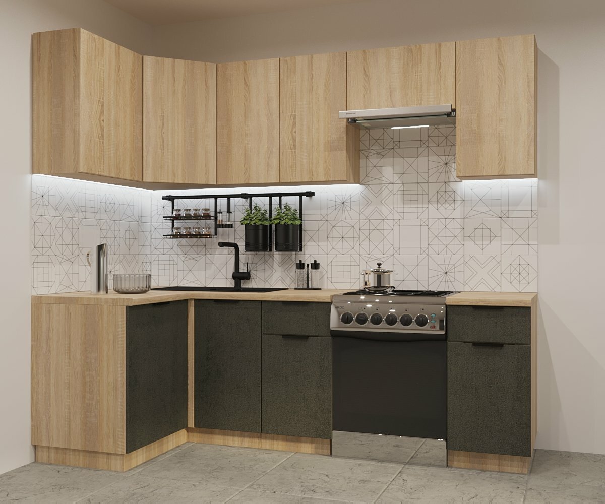 Кухонный угловой гарнитур Фаска Сонома/Бетон темный, 1200/2400 мм