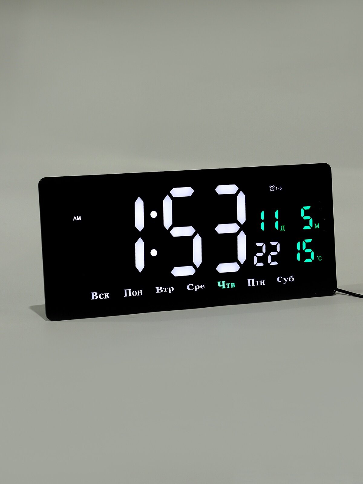 Часы электронные настенные, 36.2×15.5 см, белые цифры, будильник, термометр, календарь