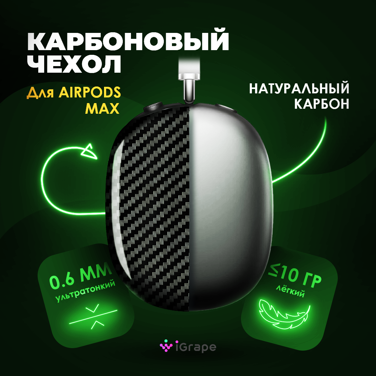 Карбоновый чехол для AirPods Max, iGrape (Глянцевый) / чехол airpods max