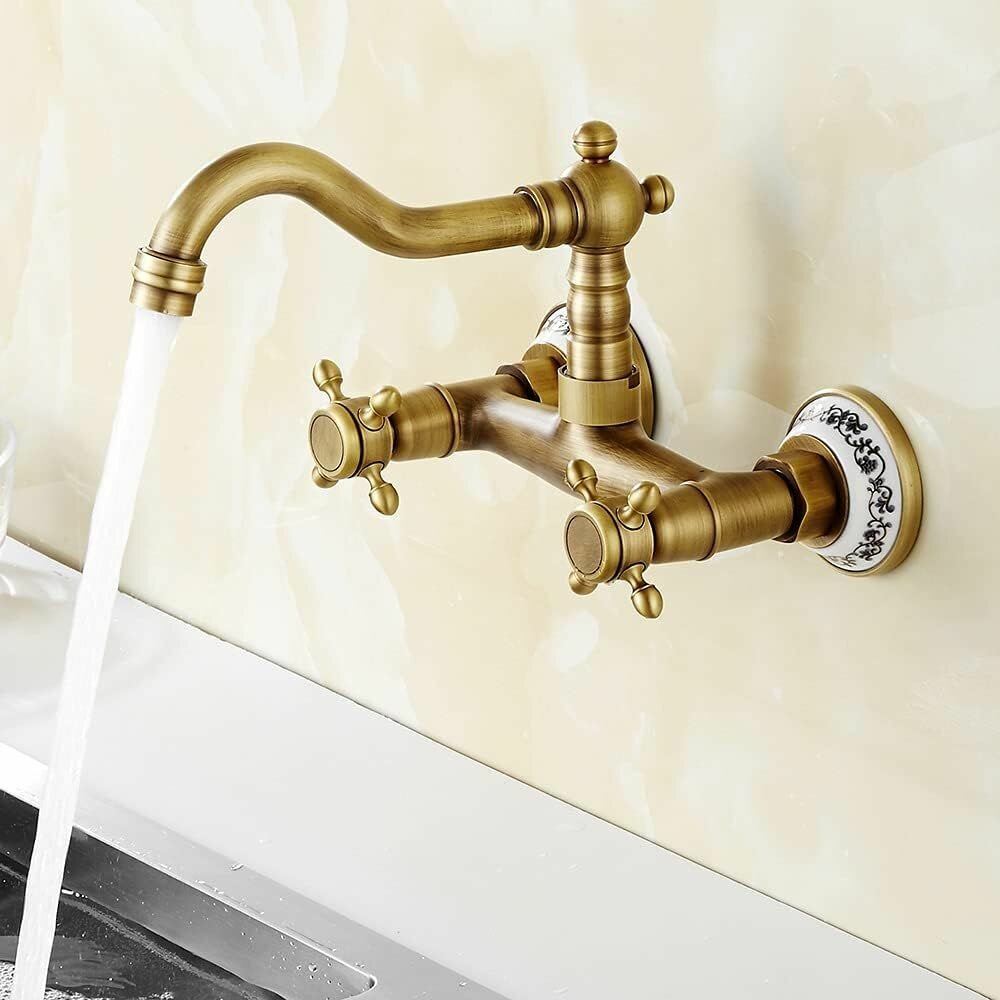 Настенный кухонный кран с возможностью поворота на 360 , старинный латунный настенный двухрычажный смеситель для раковины, настенный смеситель для раковины в стиле ретро