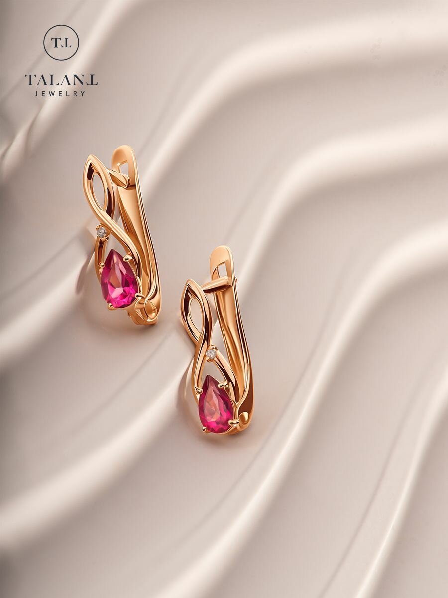 Серьги TALANT, красное золото, 585 проба, топаз, бриллиант, длина 1.5 см, , розовый, золотистый — фото 1