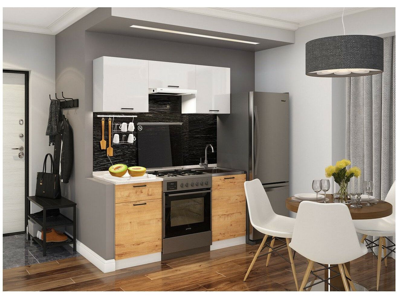 Современный кухонный гарнитур 1,6м, из ЛДСП, бунратти/белый бриллиант/белый