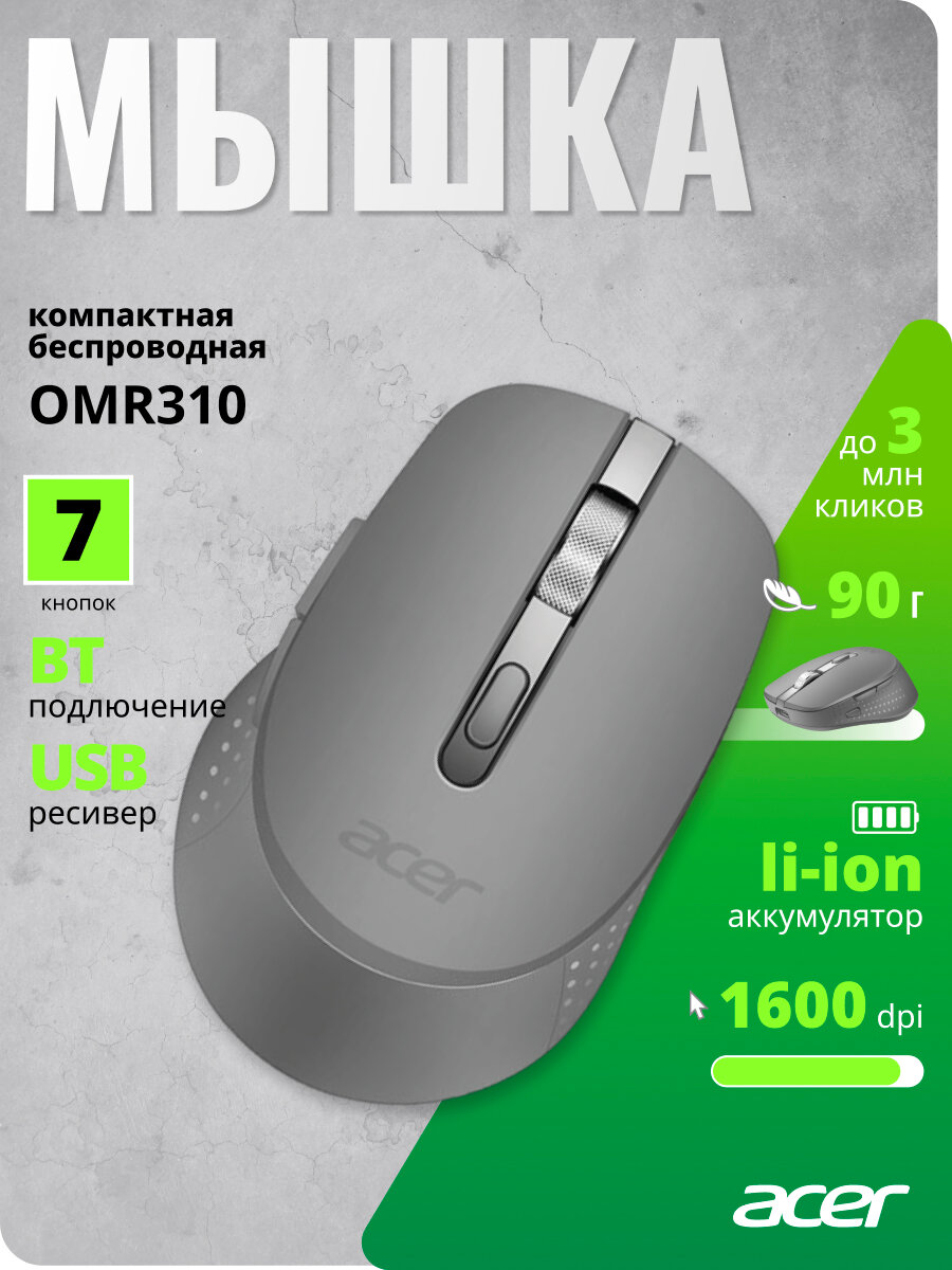 Мышь Acer OMR310 темно-серый оптич. 1600dpi беспров. BT/Radio USB 7but (ZL. MCECC.032)