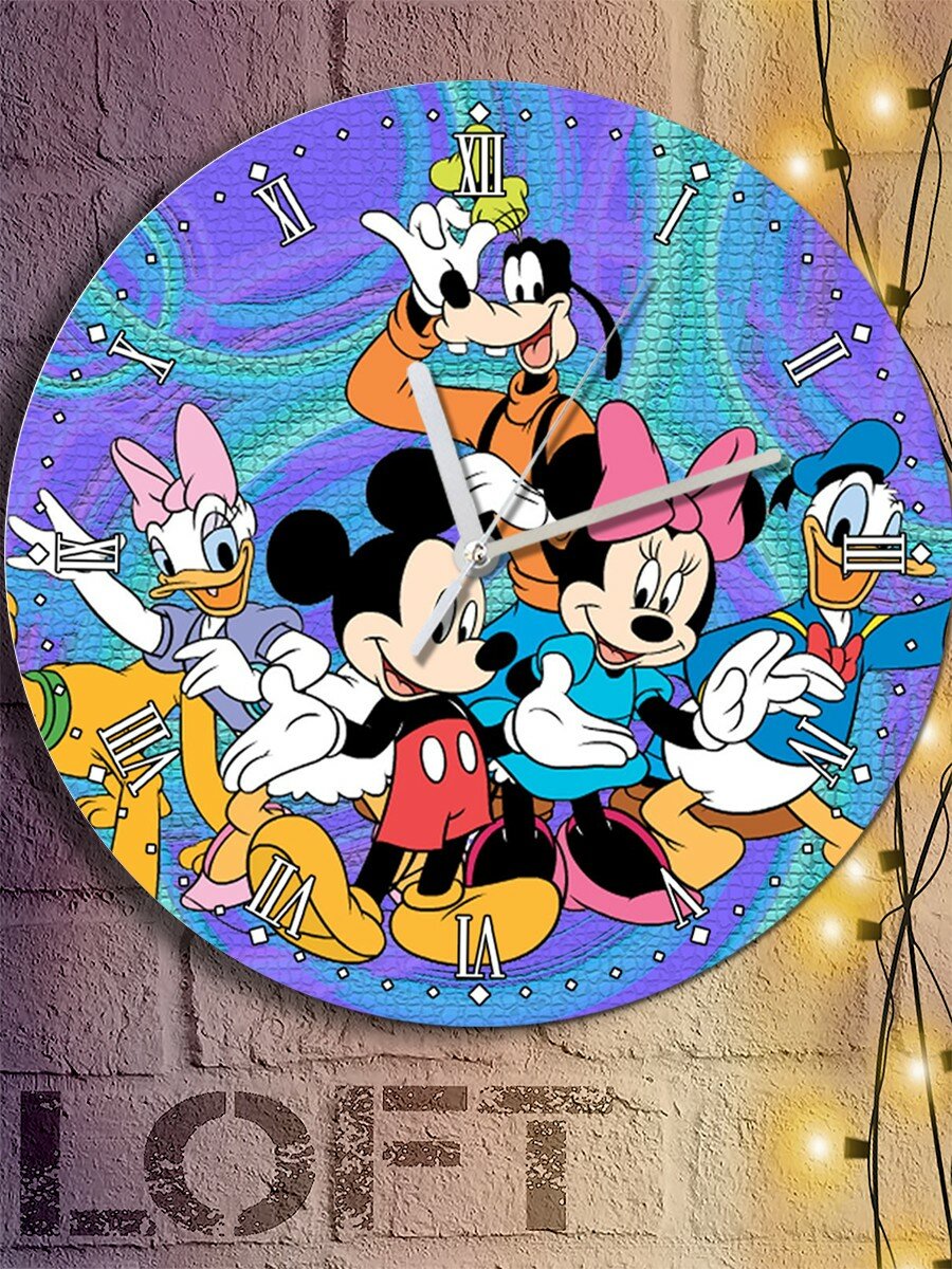 Настенные часы УФ с принтом мультфильмы микки маус (mickey mouse, минни, плуто, для детей) - 7330