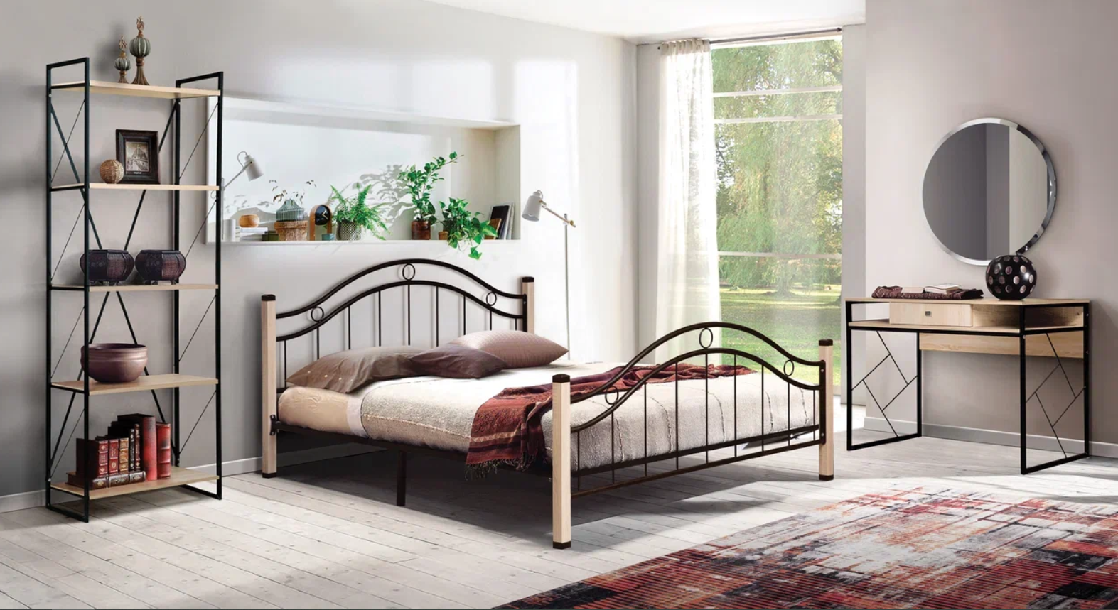 Спальня Олимп Скарлетт комплектация 2 (Кровать 1600+Стеллаж ш.710+Стол) Дуб сонома, Металл черный