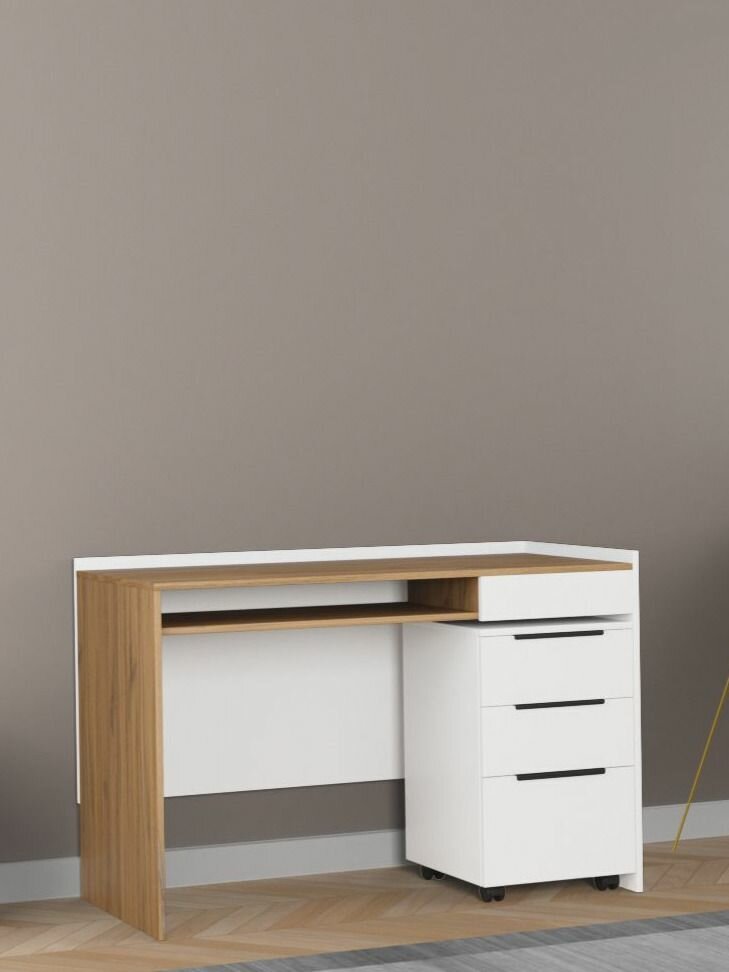 Стол компьютерный письменный Чарльз 17 (белый/дуб вотан) с тумбой Чарльз 1 (белый) (Мебелидоманет)