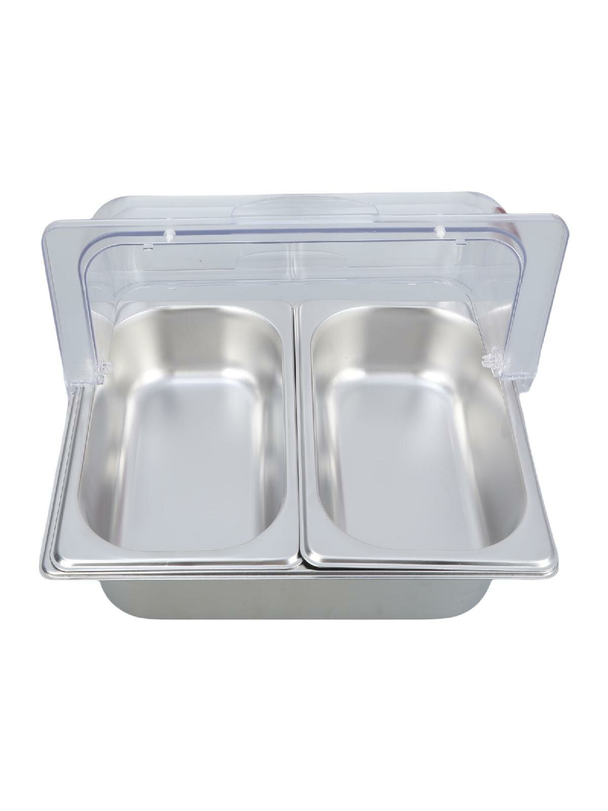 Поднос для шведского стола из нержавеющей стали с 2 отделениями и прозрачной крышкой-ролл-топом для ресторана, диспенсер для приправ, поддон для демонстрации еды