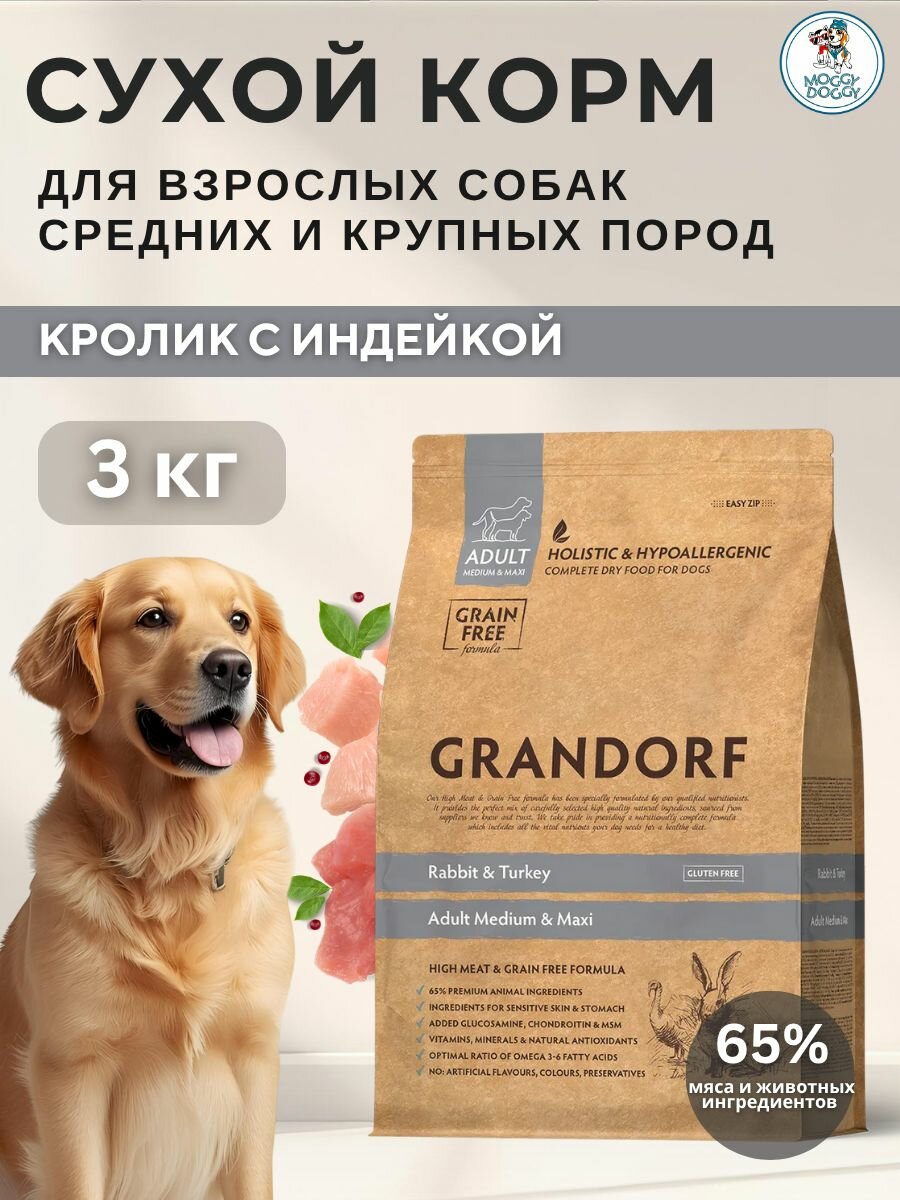 GRANDORF MED&MAXI Корм для взрослых собак средних и крупных пород Кролик с индейкой 3 кг