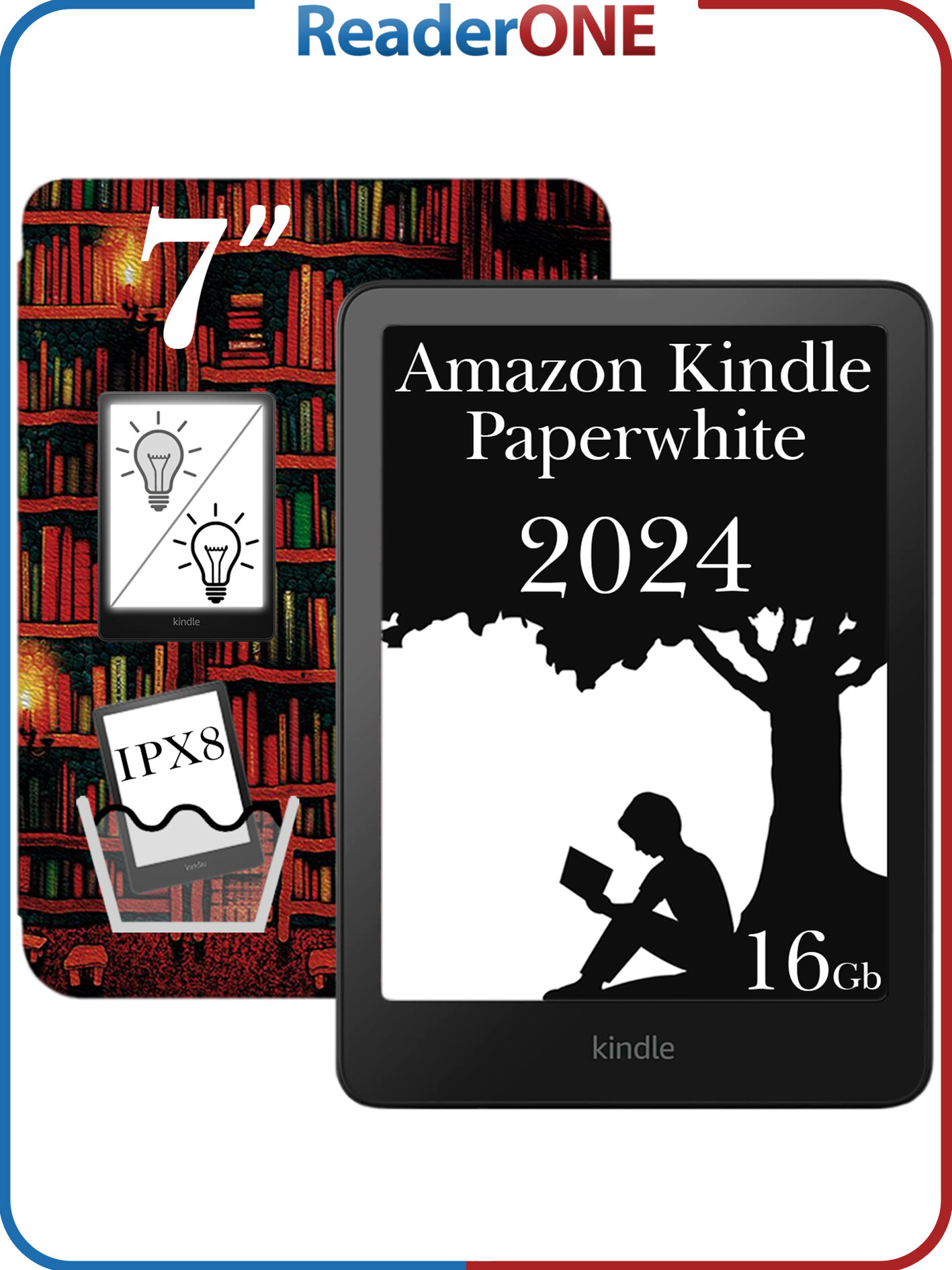 Электронная книга Amazon Kindle PaperWhite 12 2024 16Gb Black (рекламная версия) с обложкой ReaderONE PW Library