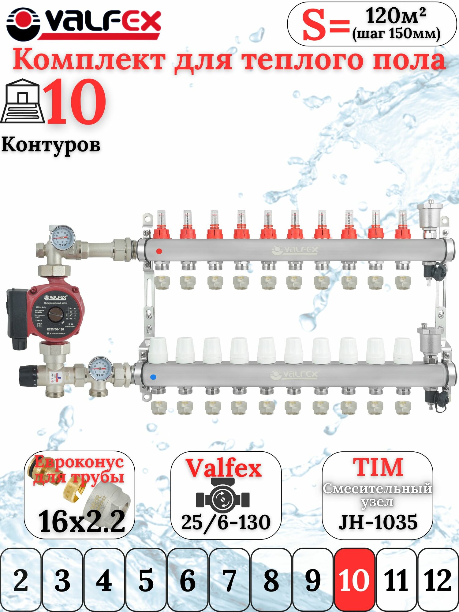 Комплект для теплого пола VALFEX (Коллектор на 10 контуров+Насос+Евроконусы16x2,2+Насосно-Смесительный узел) до 120кв. м