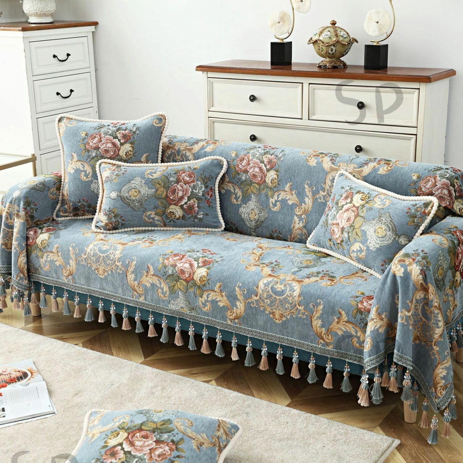 Чехол для мебели AiWinsure, Чехол для дивана из синельного жаккарда в цветочек с кисточками для подлокотника кресла углового дивана Один кусокsp