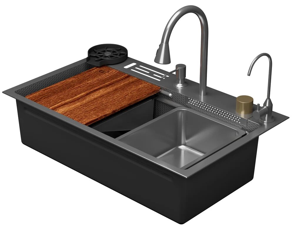 Многофункциональная мойка для кухни D&K 75х46, со смесителем, satin