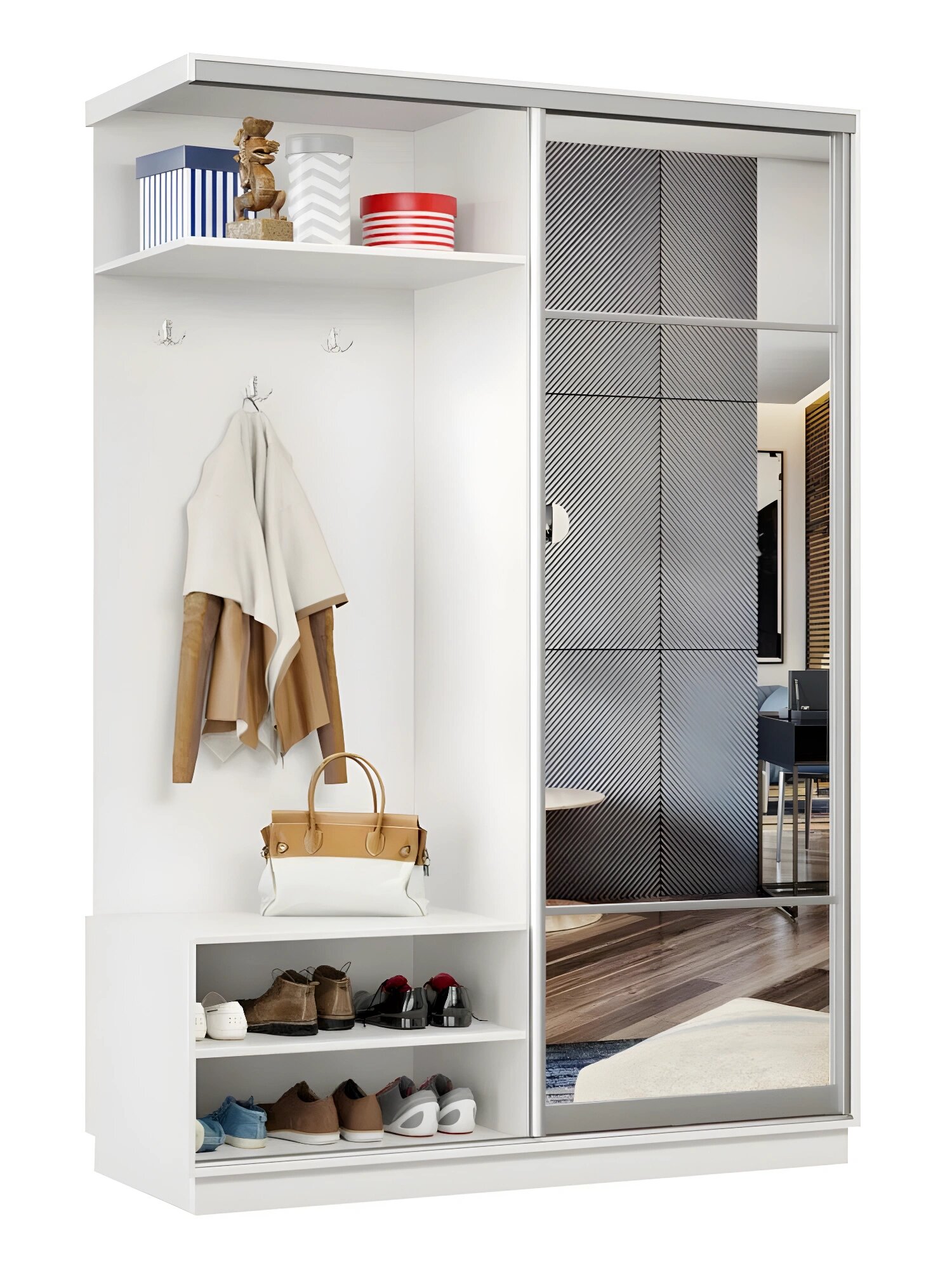 Прихожая комплект Маршал Лайт Левый с обувницей, с полками, с зеркалом, со штангой, 120х45х220 см, Белый