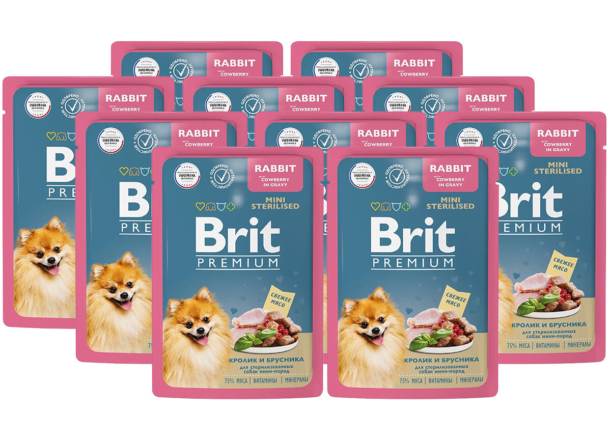 Корм влажный Brit Premium Dog Mini Steril Rabbit&Cowberry для взрослых стерилизованных собак маленьких пород, кролик и брусника в соус, 85 гр х 10 шт