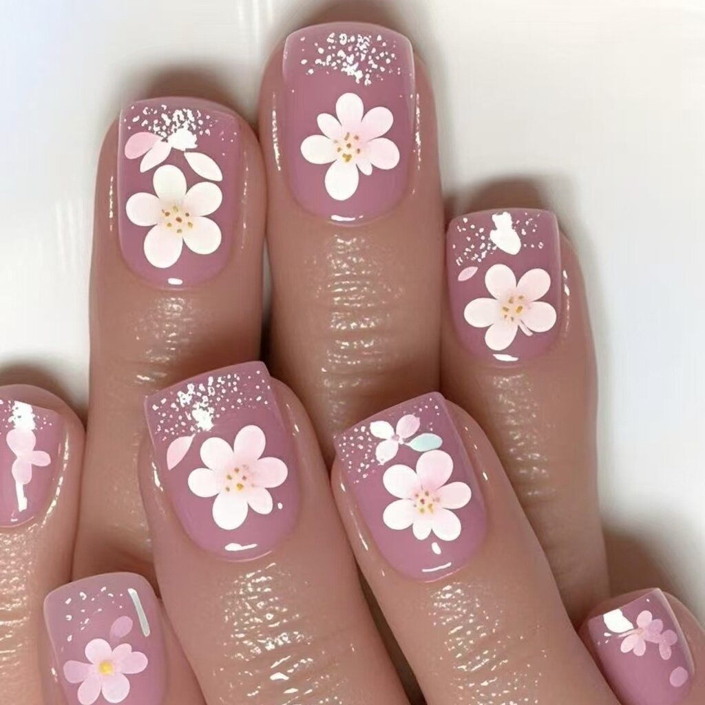 Квадратный Пресс на Ногтях Французские Типсы Поддельный Ноготь Полное Покрытие Накладной Ноготь с Цветочным Дизайном Блестит Искусственный Акриловый Ноготь