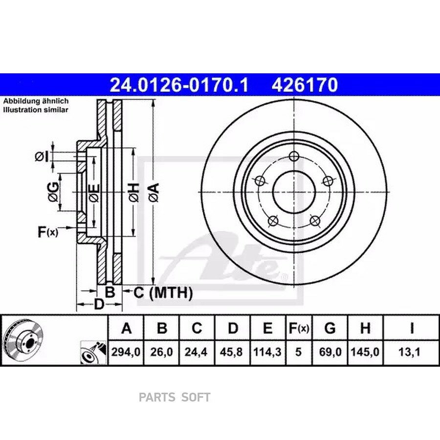 Диск торм CHR SEBRING 07-/CIT C4 AIRCROSS/PGT 4008 12-/JEEP COMPASS/PATRIOT 07- ПЕР вент 294X26 от официального дистрибьютора, ATE, артикул 24012601701