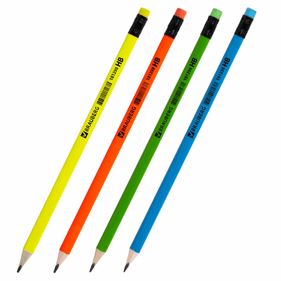 Карандаш чернографитный BRAUBERG, 1 шт, "Neon", HB, трехгранный, с ластиком, корпус неоновый ассорти, 181298, 72 штук, 181298