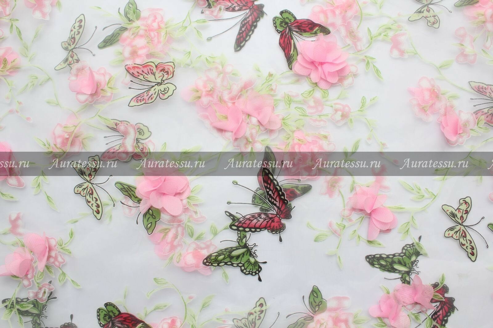 Ткань Органза белая прозрачная с цветочно-растительным узором и розовой аппликацией, ш134см, 0,5 м