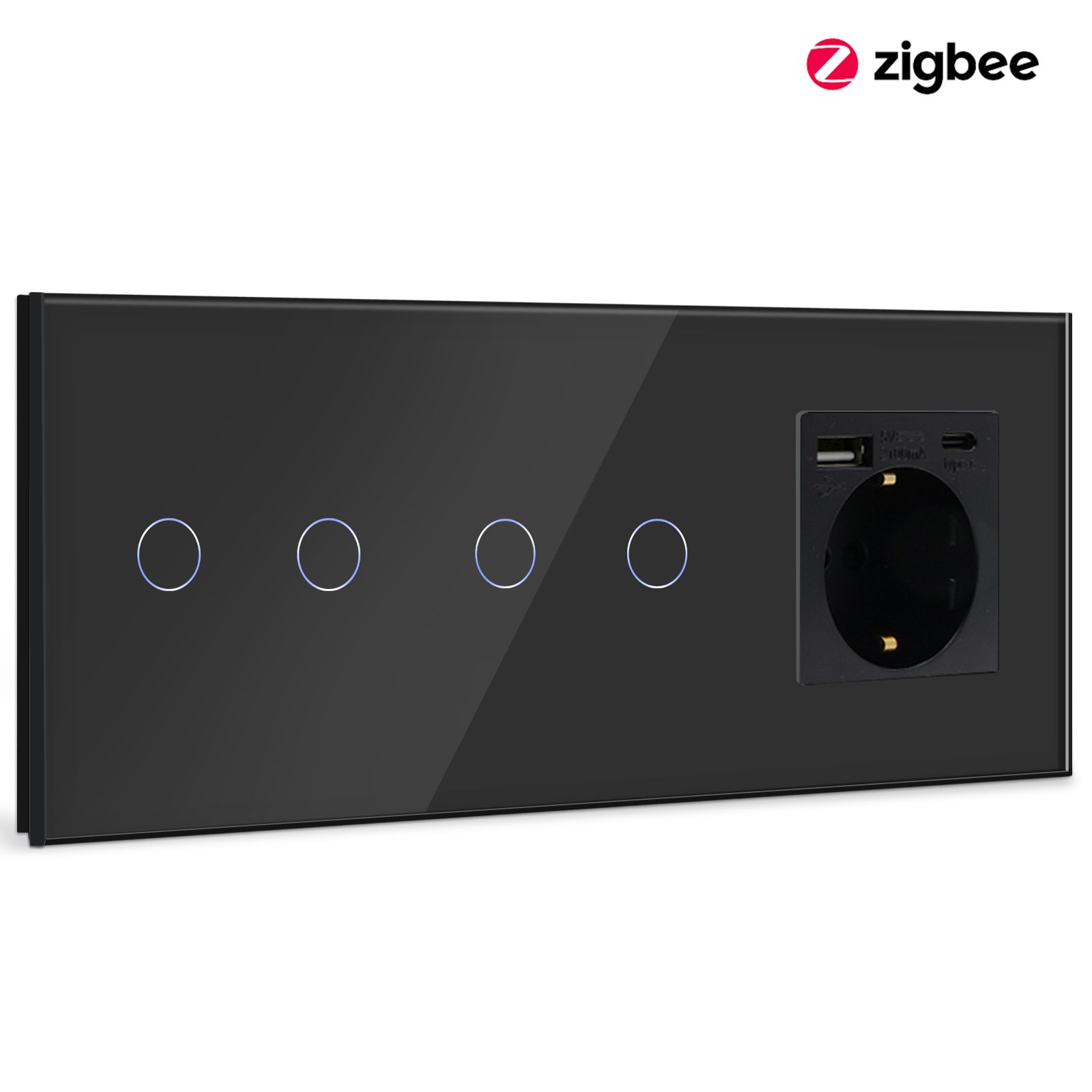 Сенсорный выключатель умный Zigbee без нуля на с розеткой с USB и type-C, 4 клавиши 1 розетка, рамка стекло Черная, 228mm