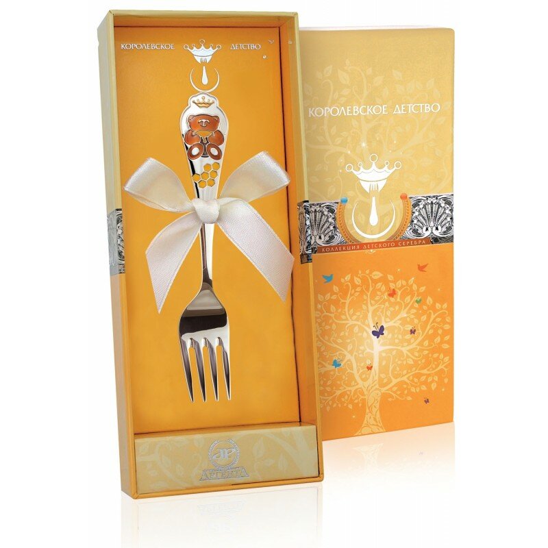 Серебряная детская вилка Мишка с эмалью и позолотой