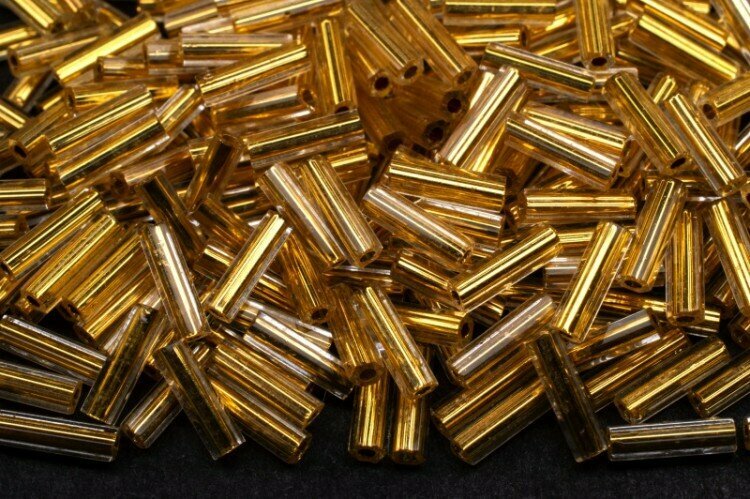 Бисер японский Miyuki Bugle Hex Cut стеклярус шестиугольный 6мм #0195 хрусталь, золото 24К изнутри, 10 грамм