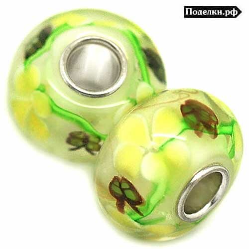 Стеклянная бусина Цветы с бабочками 0007759 желтый прозрачный с зеленым 14x9 мм, цена за 1 шт.