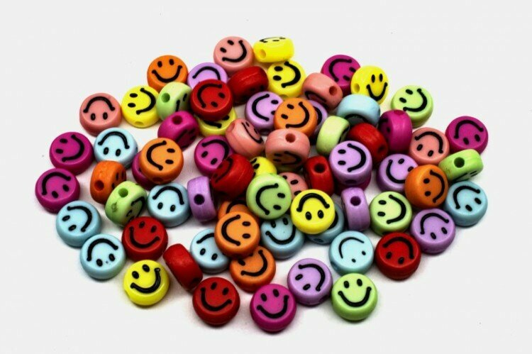 Бусины Смайлики 7х3,5мм, отверстие 1,5мм, цвет разноцветный/черный, пластик, 540-165, 10г (около 70шт)