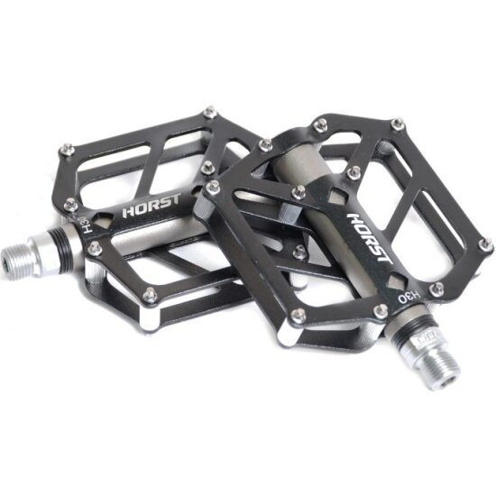 Педали Horst H30, алюминиевые, широкие, ось Cr-Mo с 3-мя герм. промподш. смен. шип. 418 г черные, 00-170830