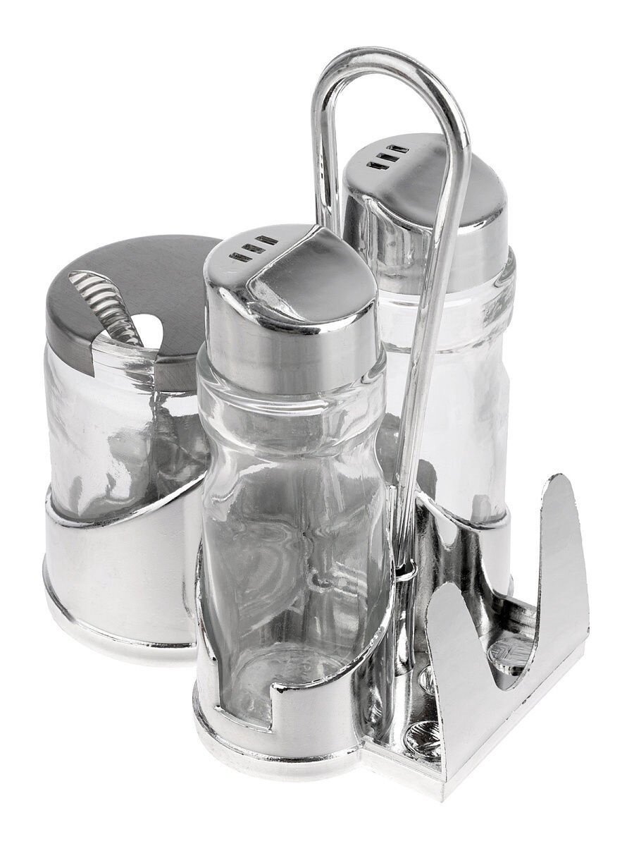Набор для специй на подставке 3шт: солонка и перечница 50мл, сахарница с ложкой 80мл, салфетница