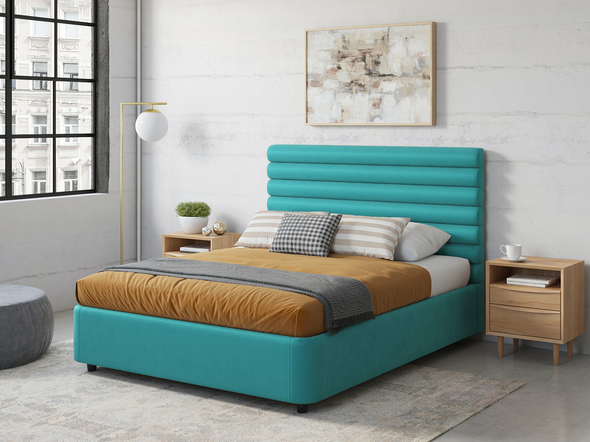 Двуспальная кровать 120х200 с подъемным механизмом, "Kelly" с мягким изголовьем для дома, для спальни, ортопедическое основание, с ящиком для белья. Велюр бирюзовый Teddy 654