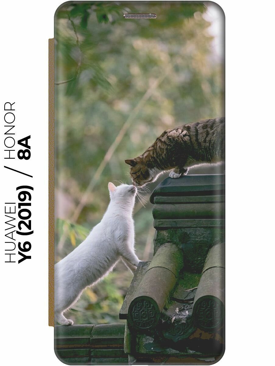 Чехол-книжка Знакомство кошек на Honor 8A / 8A Pro / Huawei Y6 (2019) / Y6 Prime (2019) / Хонор 8а / 8а Про / Хуавей У6 2019 / У6 Прайм 2019 золотой