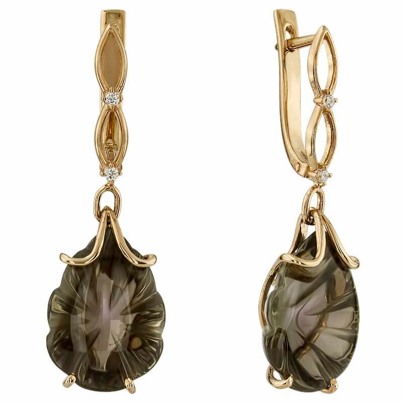 Серьги, красное золото, 585 проба, раухтопаз
